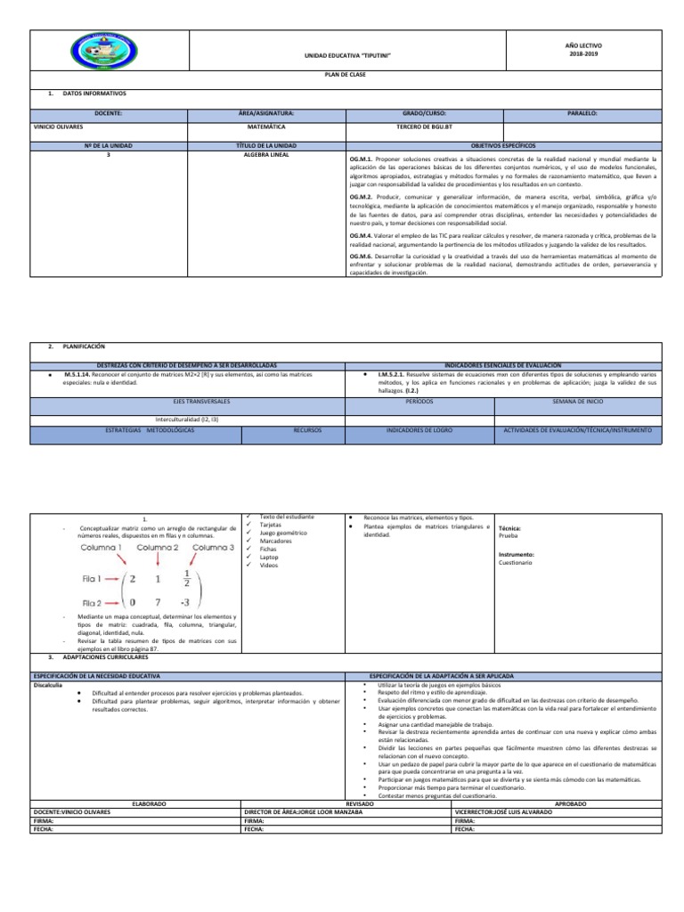 3 - Plan Clase 3 - Bgu 3 Unidad | PDF | Matriz (Matemáticas) | Matemáticas