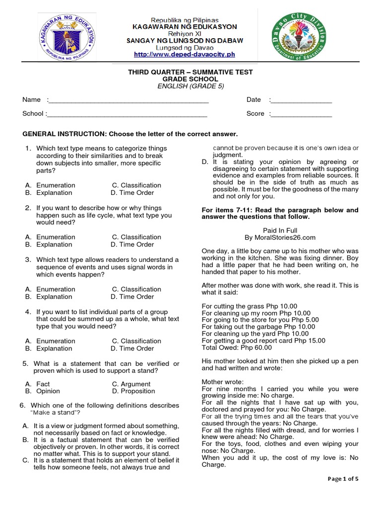 Third Quarter - Summative Test Grade School | PDF