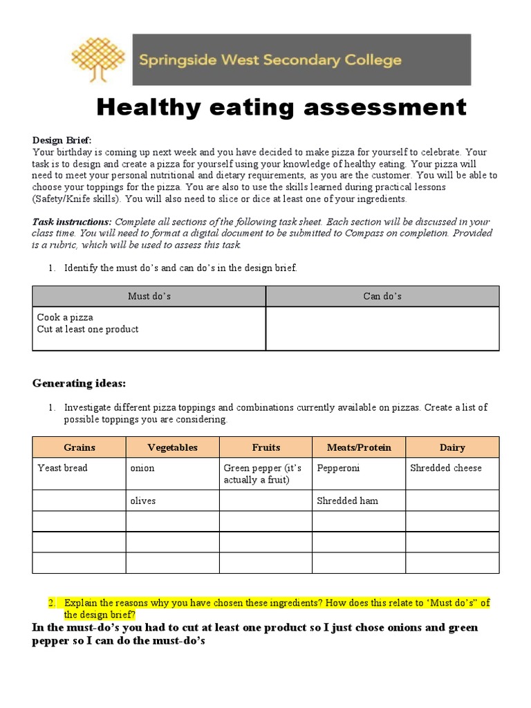 Assessment Task 2 - Healthy Pizza | PDF | Pizza | Healthy Diet