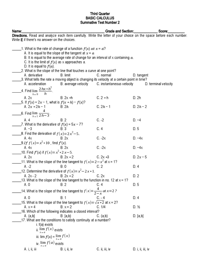 Q3 Basic Cal Sum 2 | PDF | Derivative | Velocity