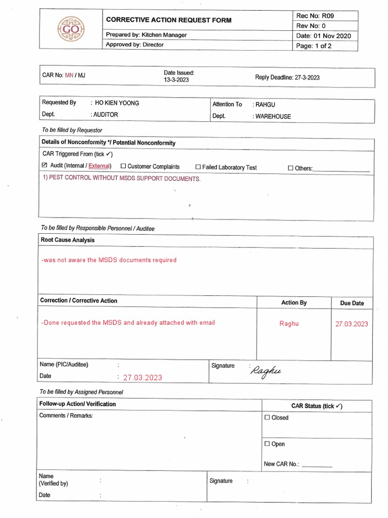 Corrective Action Request Form - Pest Control Msds Document | PDF