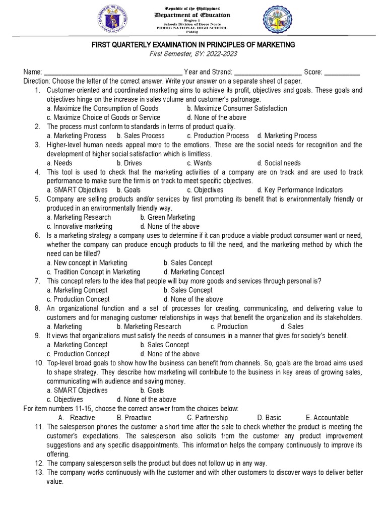 Principles of Marketing - First Quarter Exam | PDF | Marketing | Sales
