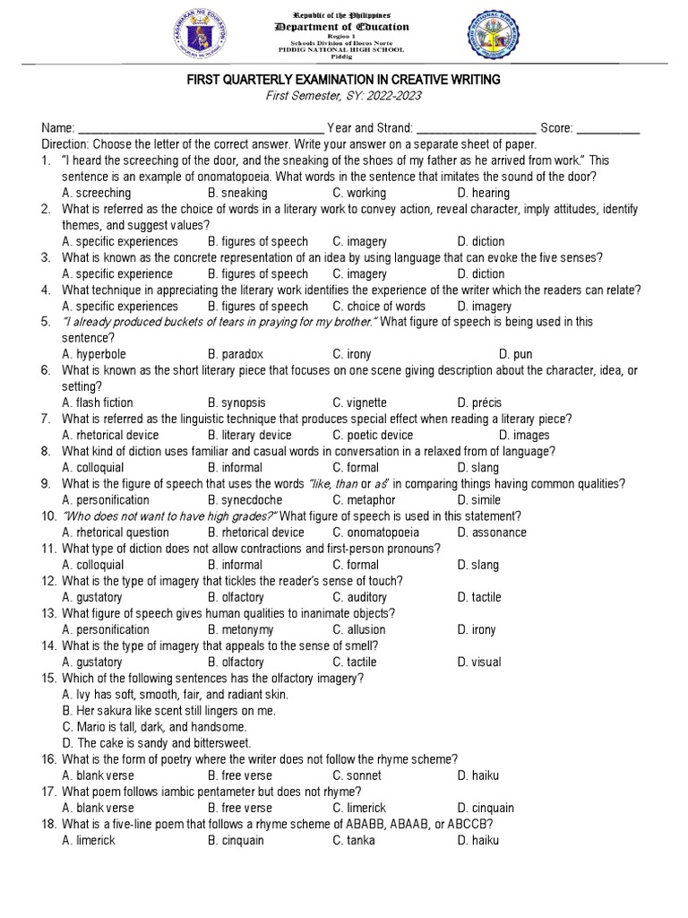 Creative Writing - First Quarter Exam | PDF | Poetry | Metre (Poetry)