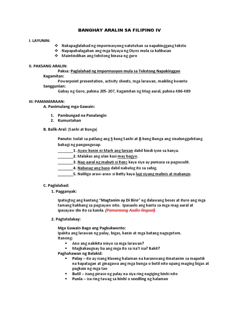 Banghay Aralin Sa Filipino Iv | PDF