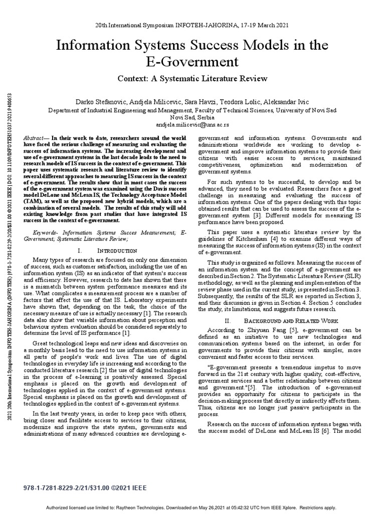 Stefanovic 2021, Information Systems Success Models in The E-Government. A Systematic Lit. Rev ...