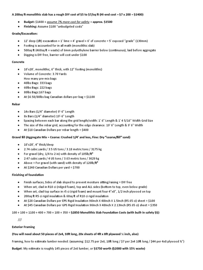 A 200sq FT Monolithic Slab Has A Rough DIY Cost of | PDF | Framing ...