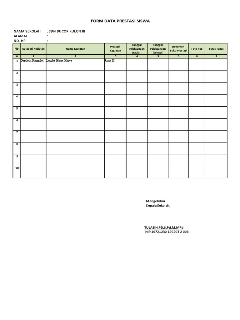 Form Data Prestasi Siswa | PDF