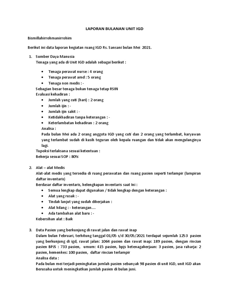 Laporan Bulanan Unit Igd | PDF