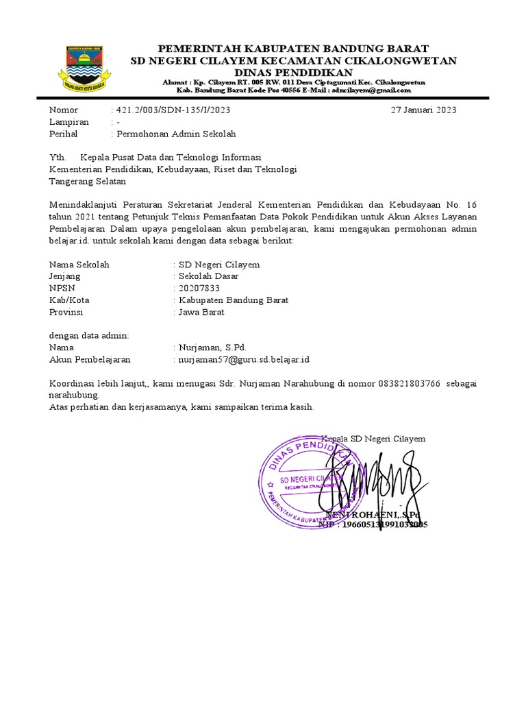 Surat Permohonan Akun Admin Belajar Id | PDF