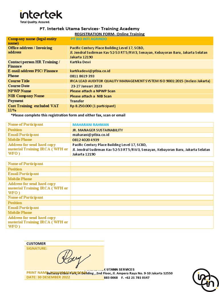 Registration Form Training - Offline Training - Irca - Iso 9001 - 2015 ...