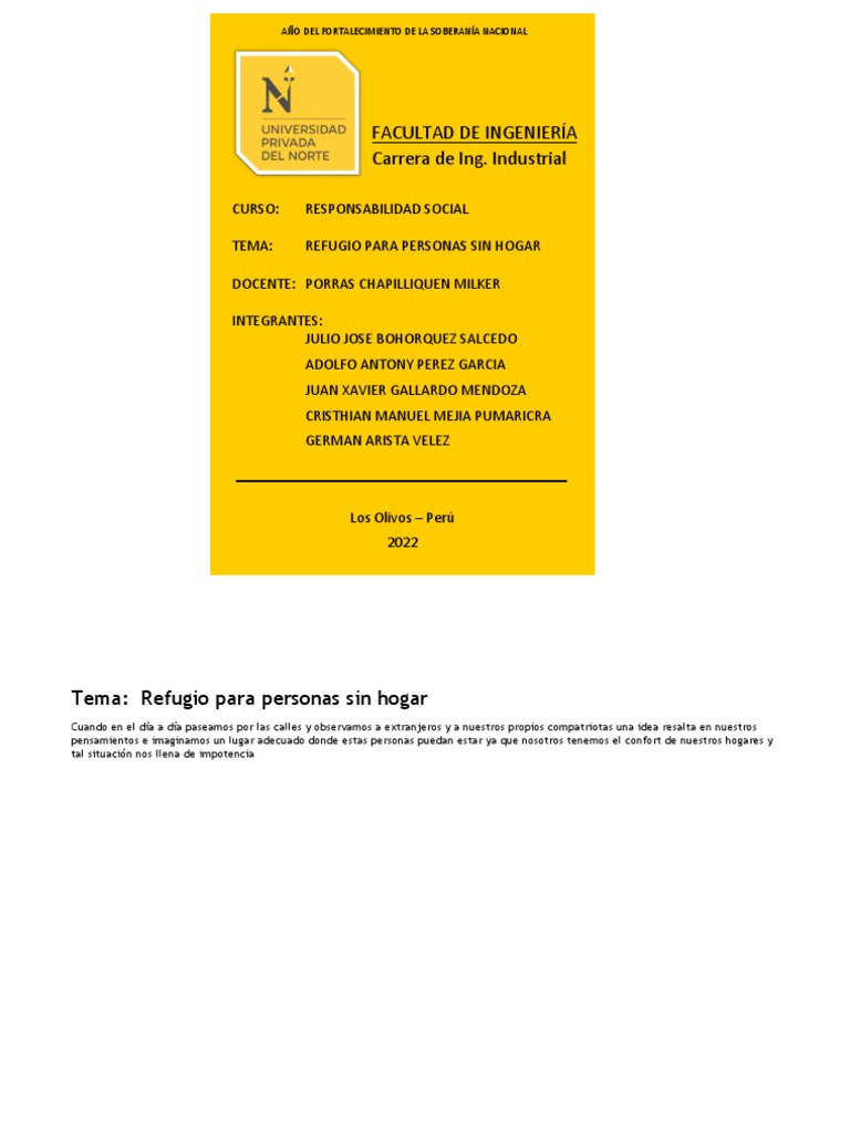 Refugio para Personas Sin Hogar en Perú | PDF | Falta de vivienda | Pobreza