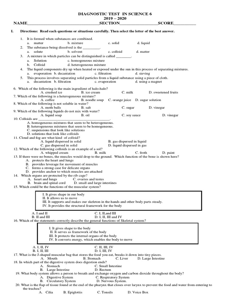 Science 6 Diagnostic Test Questions | PDF | Mixture | Human Body