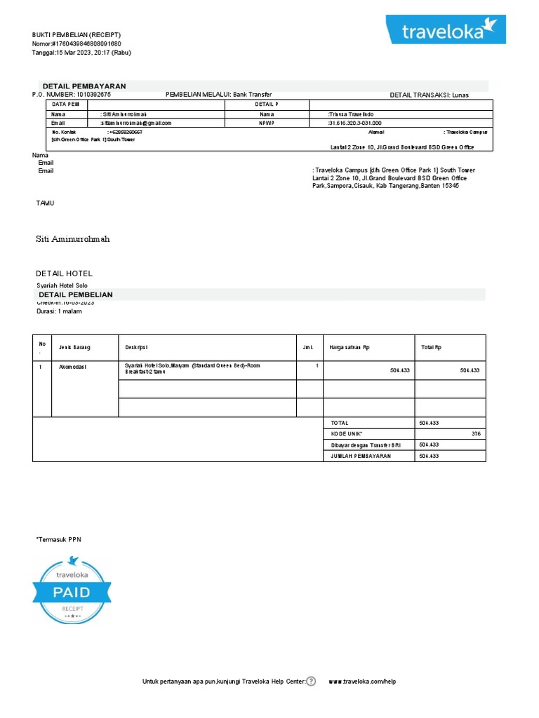 Traveloka Receipt for Syariah Hotel | PDF