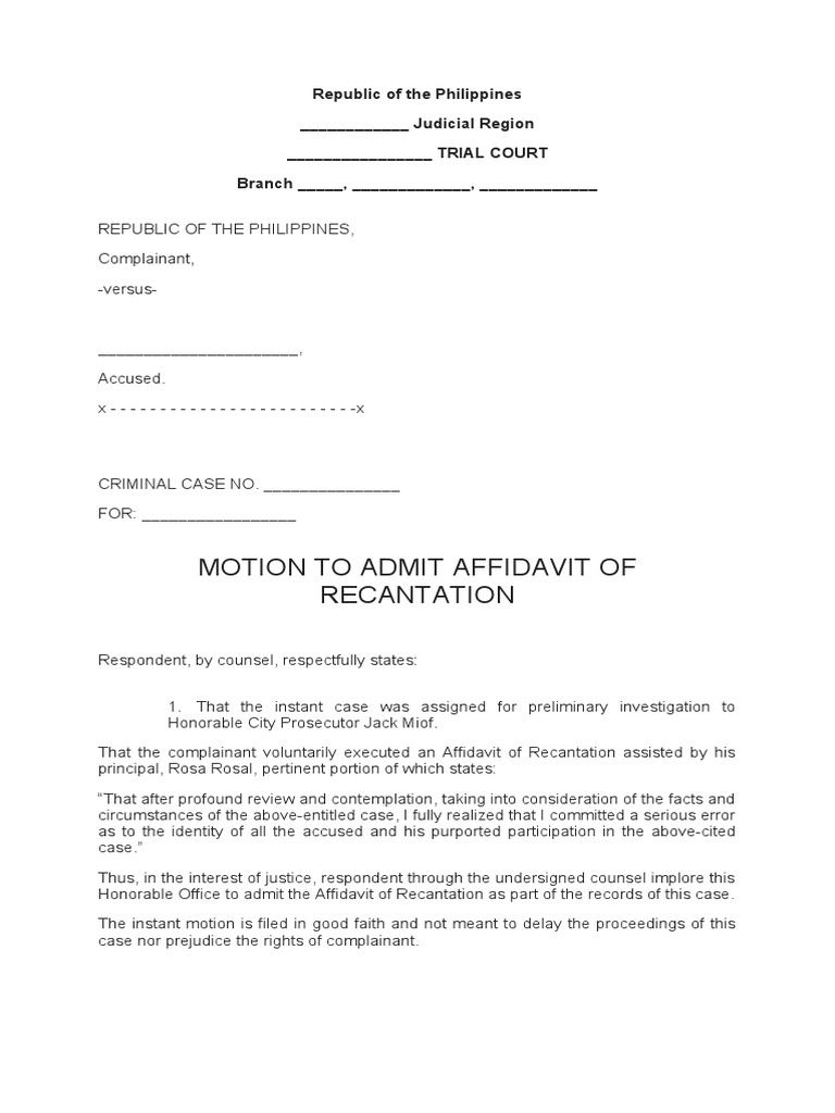 Admit Affidavit of Recantation, Motion To | PDF | Public Sphere ...