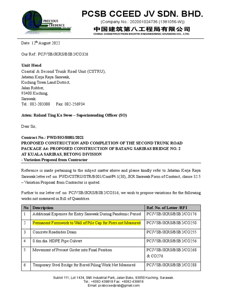 CO326 - Variation Proposal From Contractor | PDF | Engineering ...