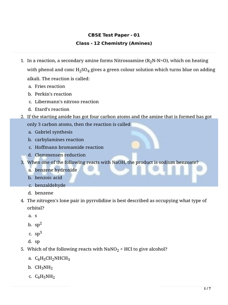 Cbse Test Paper - 01 Class - 12 Chemistry (Amines) | PDF | Amine ...