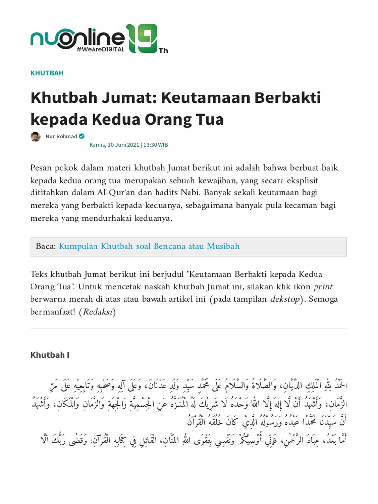 Khutbah Jumat: Keutamaan Berbakti Kepada Kedua Orang Tua: Kumpulan Khutbah Soal Bencana Atau ...