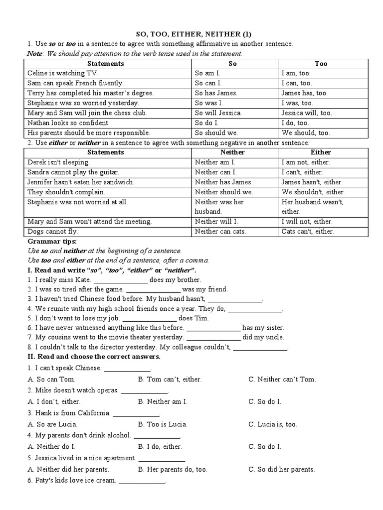 So, Too, Either, Neither | PDF