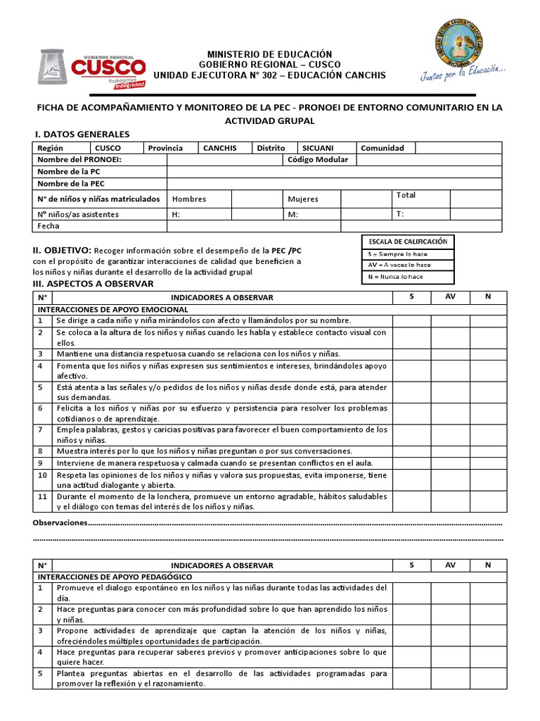 Ficha de Acompañamiento Y Monitoreo de La Pec - Pronoei de Entorno Comunitario en La Actividad ...