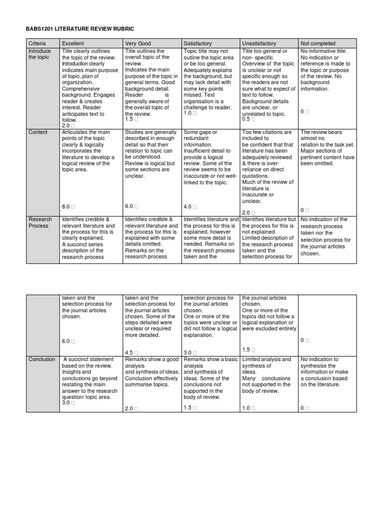 BABS1201 Literature Review Rubric | PDF | Citation | Peer Review