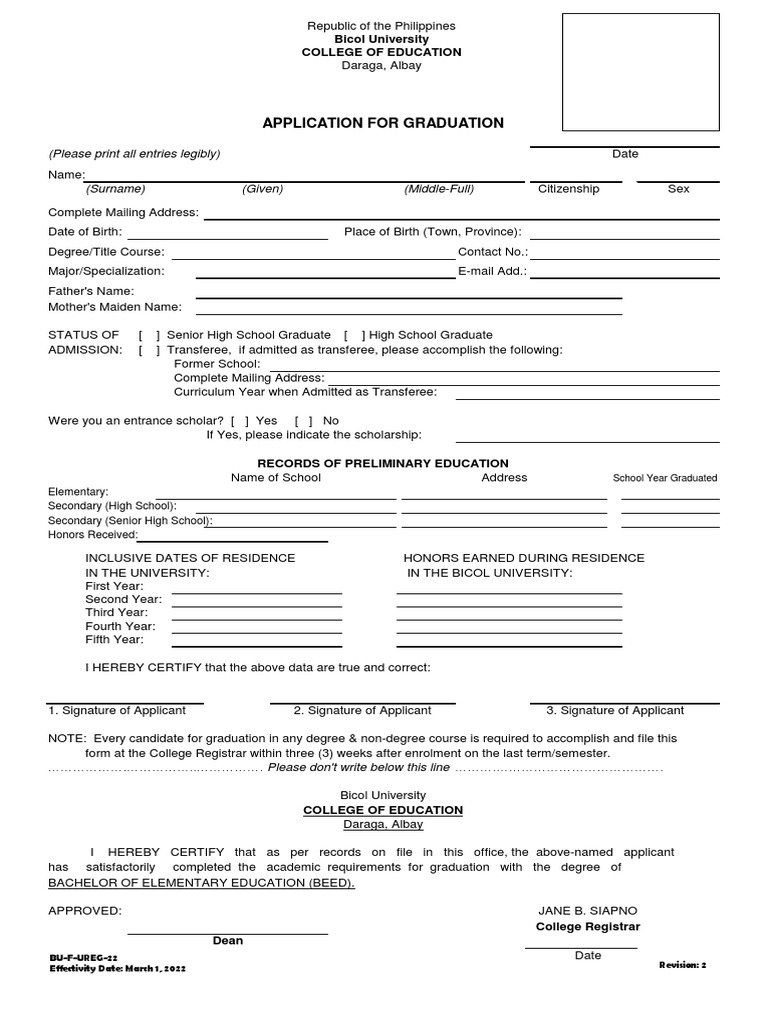 Application For Graduation: (Please Print All Entries Legibly) | PDF