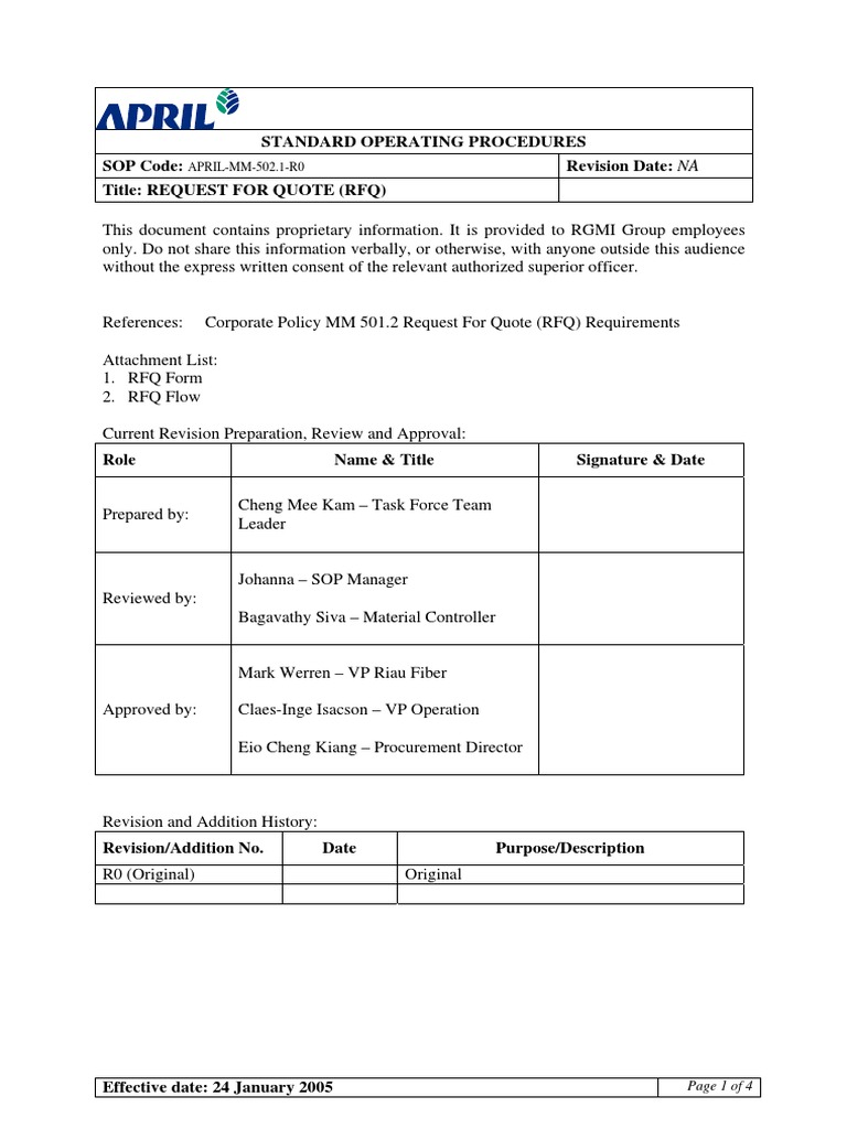 Standard Operating Procedures SOP Code: Revision Date: NA Title: Request For Quote (RFQ) | PDF ...
