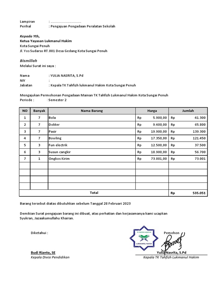 Pengajuan Barang TK | PDF
