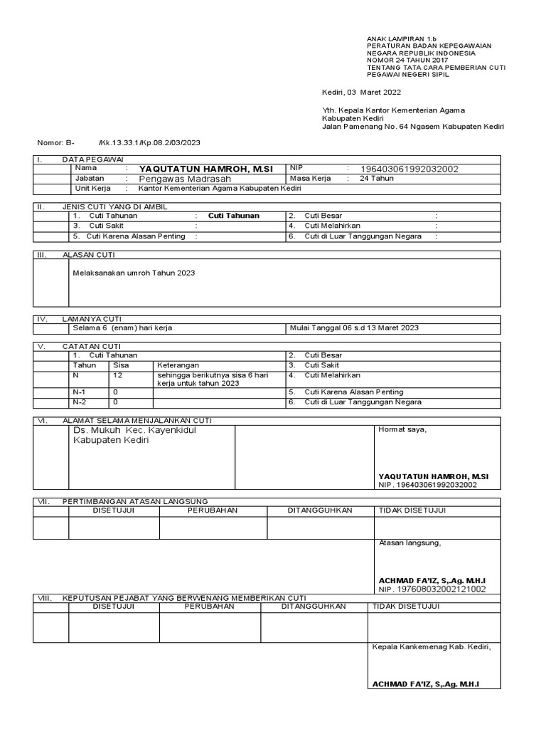 Surat Permohonan Cuti Pegawai Kemenag | PDF