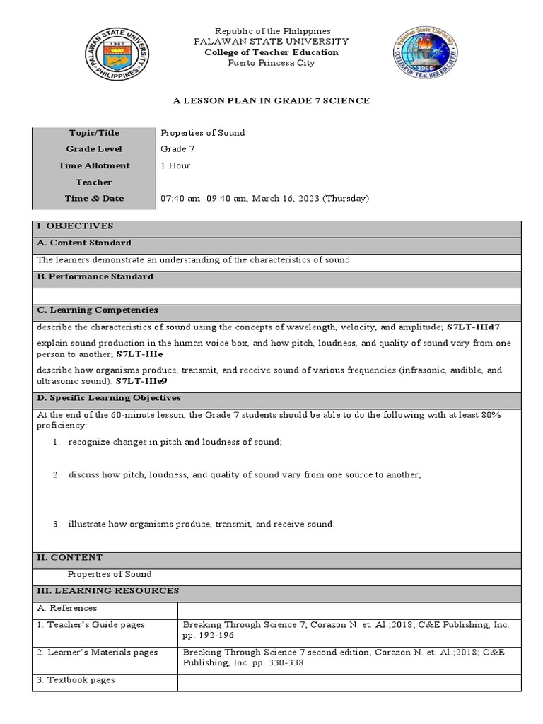 Grade 7 Lesson Plan: Properties of Sound | PDF | Sound | Pitch (Music)