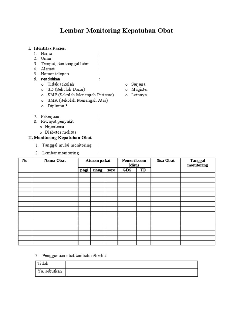 Lembar Monitoring Kepatuhan Obat | PDF