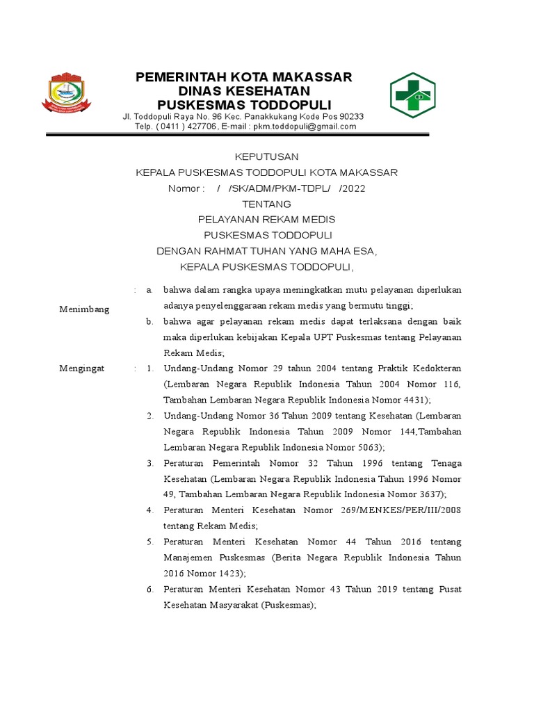 SK Pelayanan Rekam Medis TDP 2022 | PDF