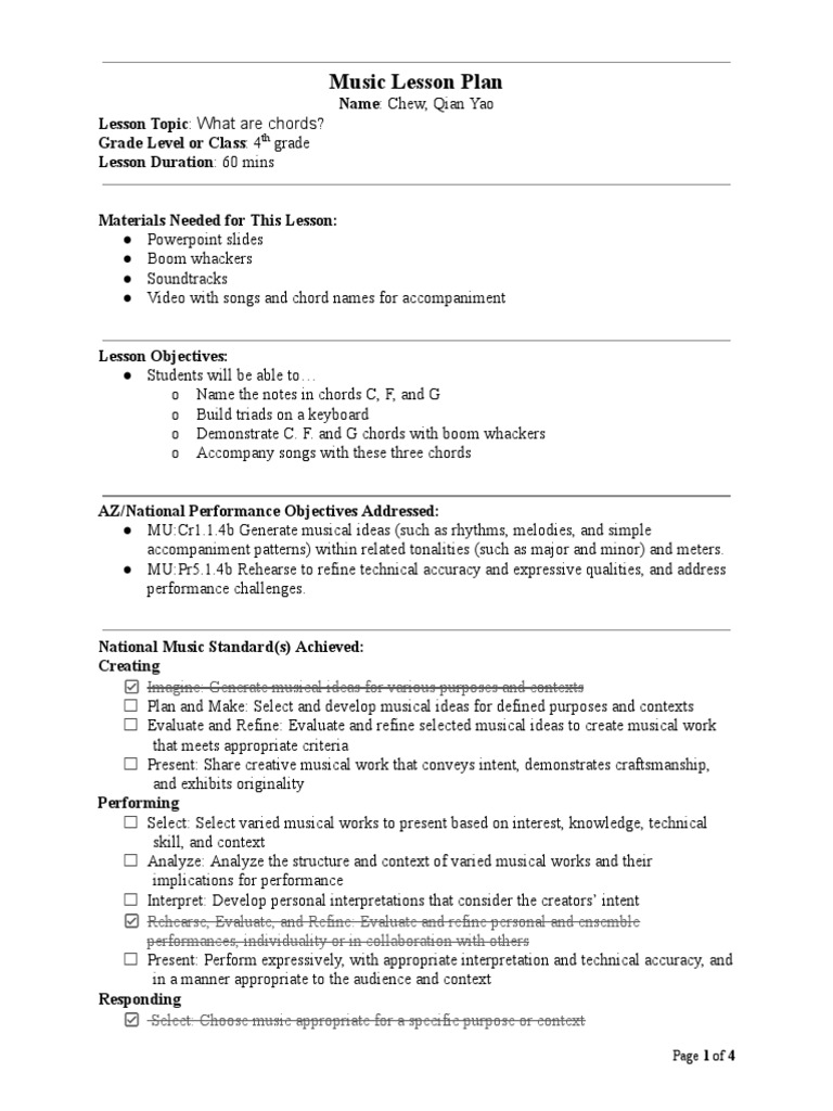 4th Grade General Music Lesson Plan | PDF | Chord (Music) | Learning