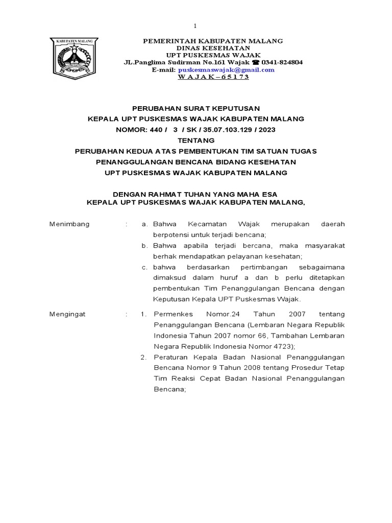 SK Pembentukan Tim Penanggulangan Bencana | PDF