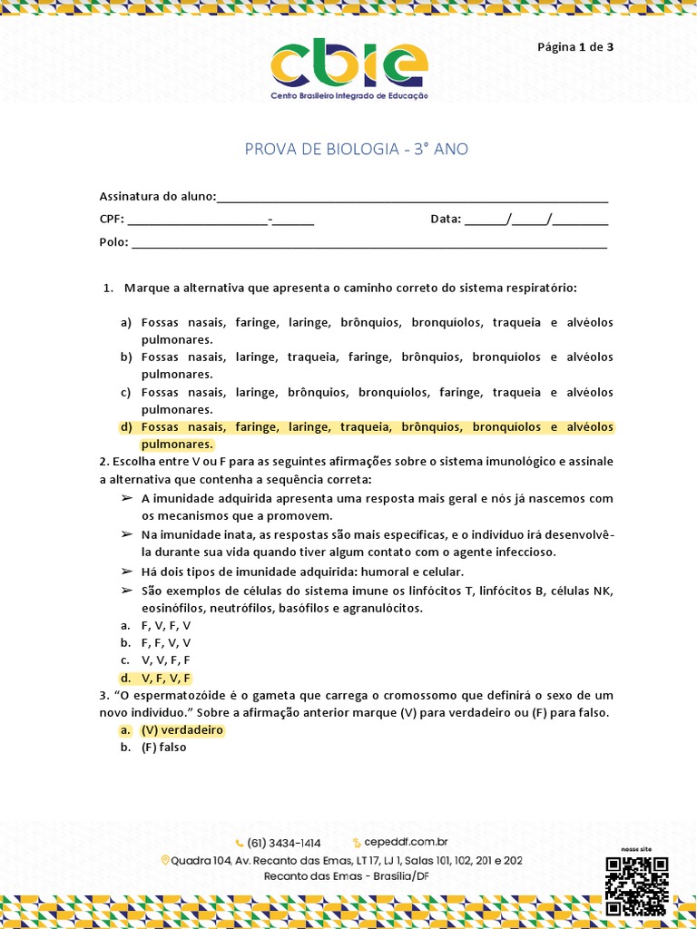 Prova de Biologia - 3° Ano - EJA - CBIE | PDF | RNA | Gene