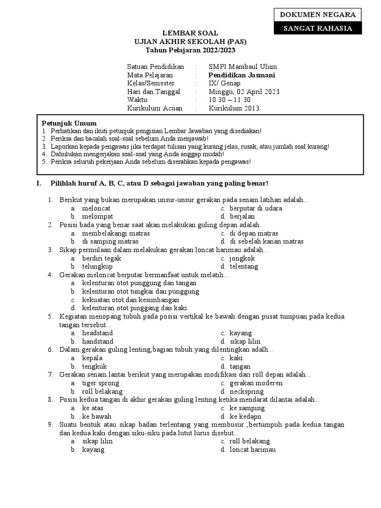 Dokumen Negara Lembar Soal Ujian Akhir Sekolah (Pas) Tahun Pelajaran 2022/2023 | PDF