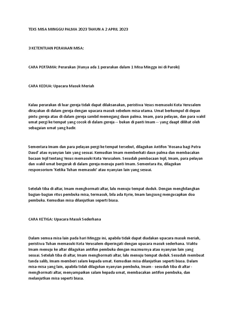 Teks Misa Minggu Palma 2023 Tahun A 2 April 2023 | PDF