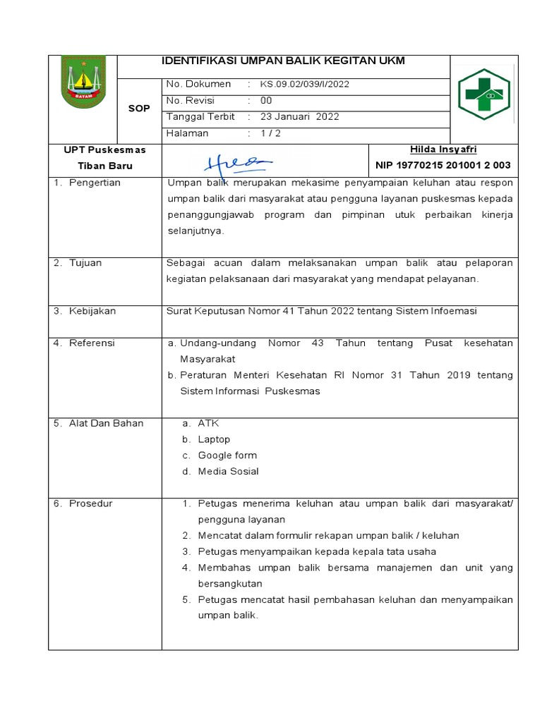 Sop Identifikasi Umpan Balik | PDF