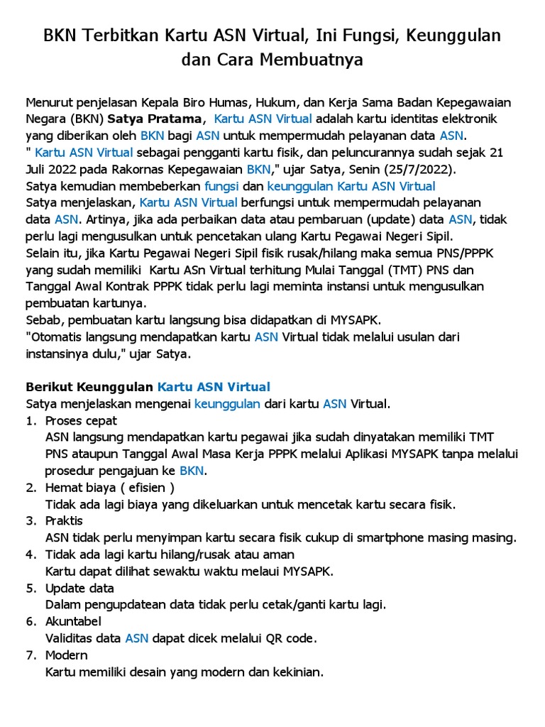 BKN Terbitkan Kartu ASN Virtual | PDF