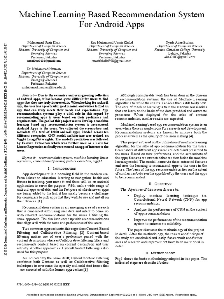 Machine Learning Based Recommendation System For Andriod Apps Pdf Regression Analysis