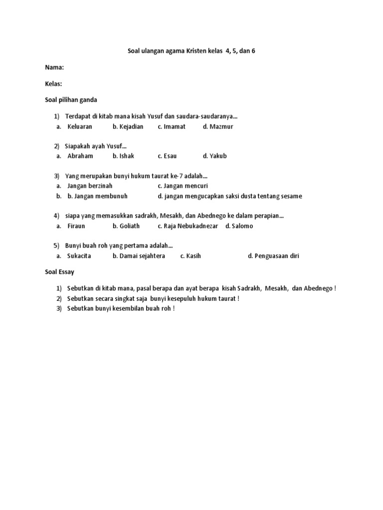 Soal Ulangan Agama Kristen Kelas | PDF