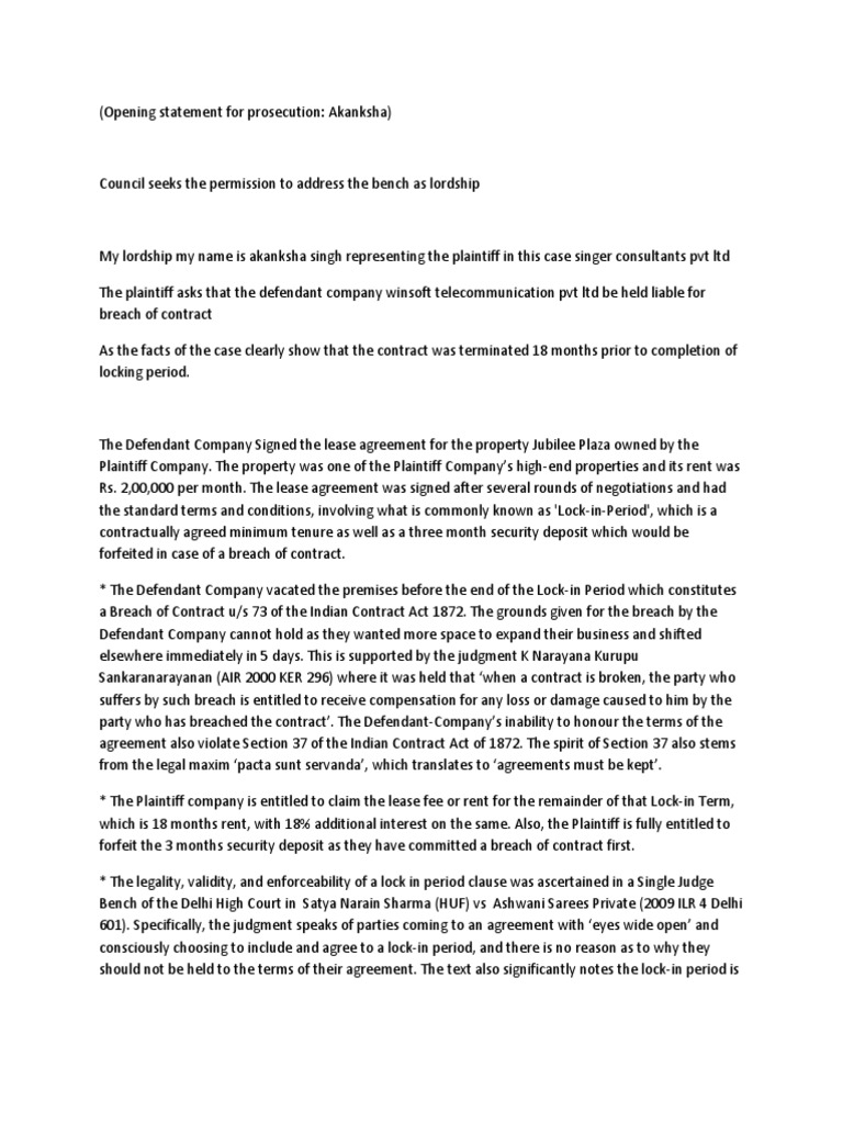 Mock Trial Example | PDF | Lease | Breach Of Contract