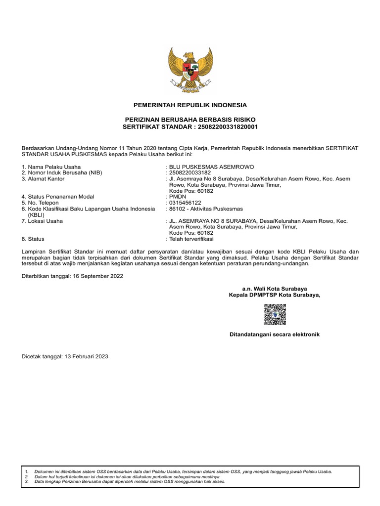 Contoh Perizinan Berusaha Berbasis Resiko | PDF