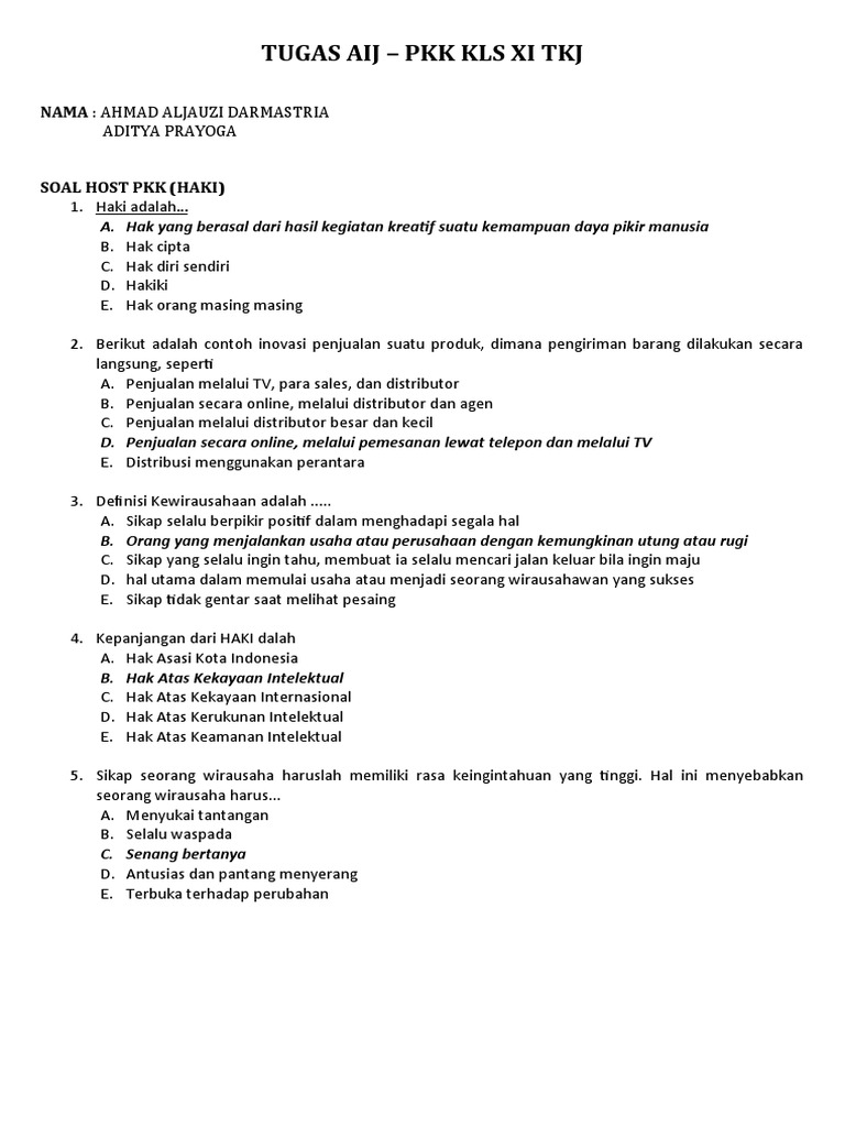 Lembar Jawaban Aij-Pkk KLS Xi TKJ Adit Tod | PDF