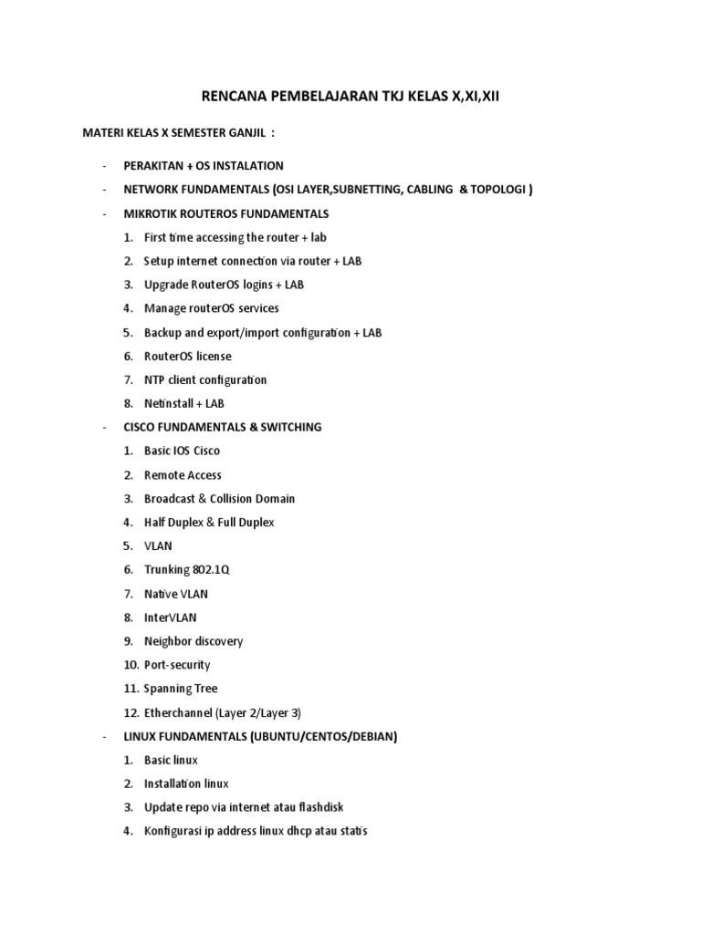 Rencana Pembelajaran TKJ Kelas X, Xi, Xii | PDF