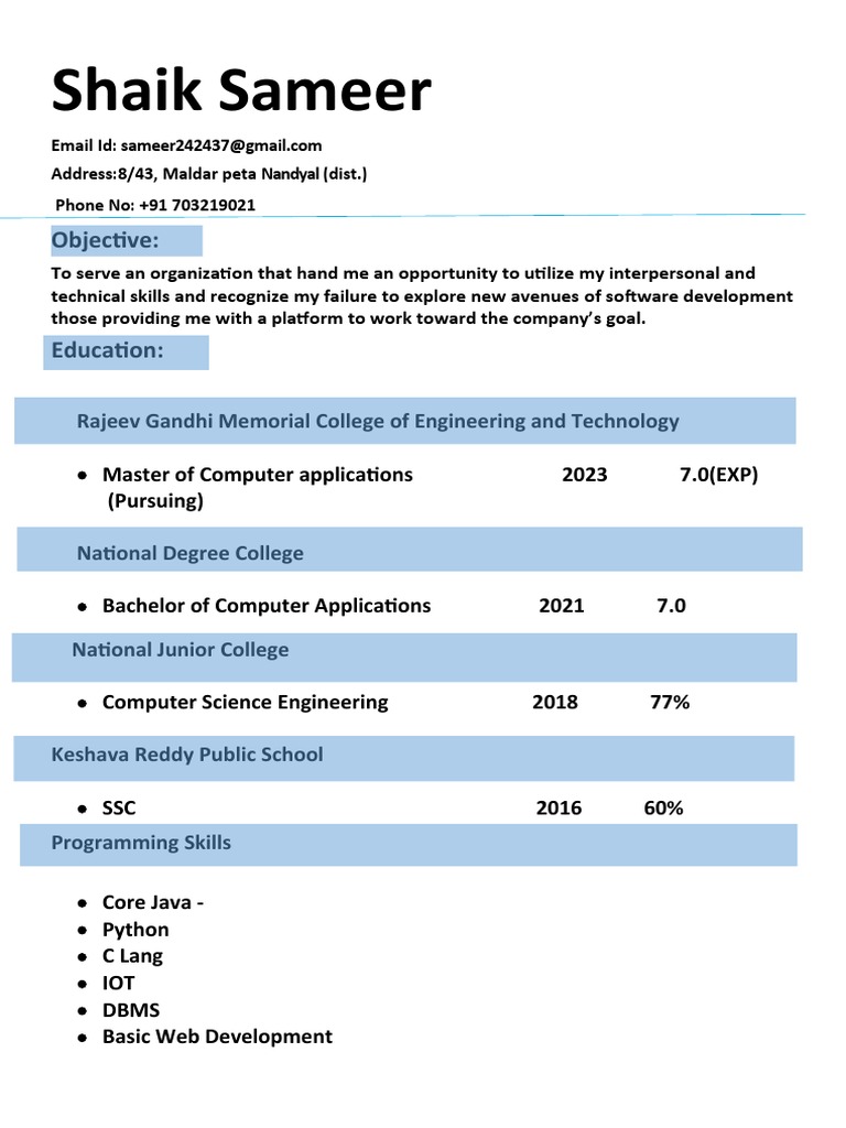 Resume of Shaik Sameer | PDF