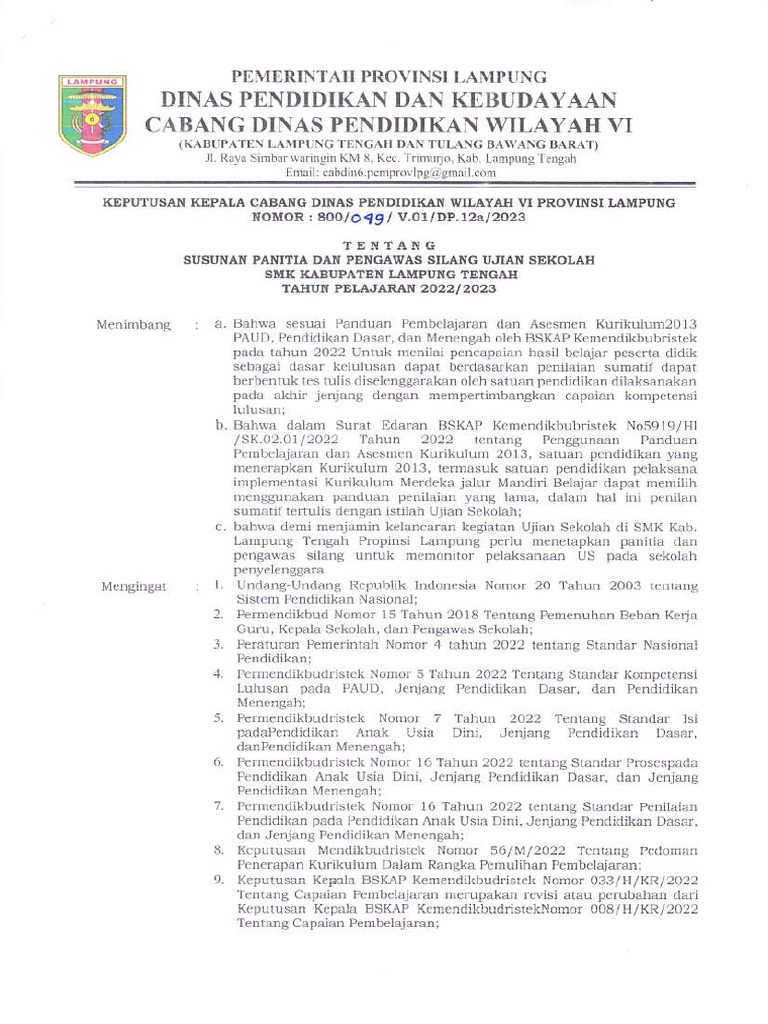 SK Panitia Ujian Sekolah MKKS SMK Lampung Tengah Tahun2023 W | PDF ...