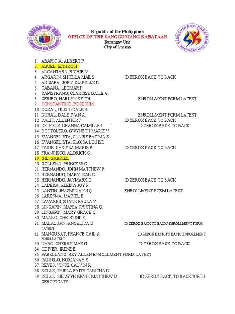 Barangay Uno Student ID List | PDF