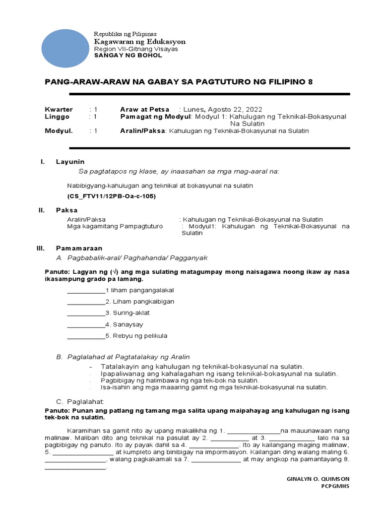 DAILY-LESSON-GUIDE-SA-FILIPINO-SA PILING LARANG TECHVIC - Q1 - WK1 ...