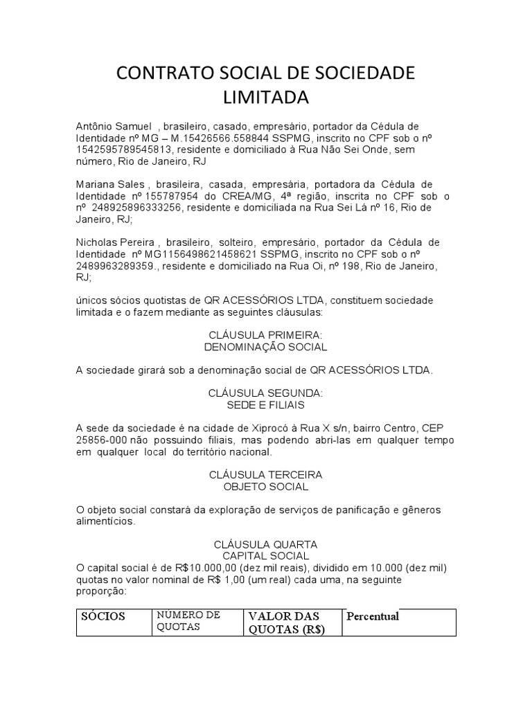 Contrato Social de Sociedade Limitada | PDF