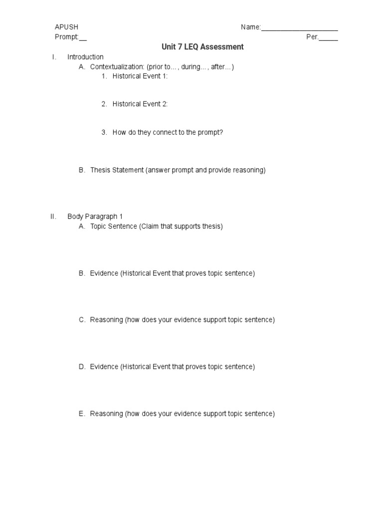 APUSH Unit 7 LEQ Outline Template | PDF
